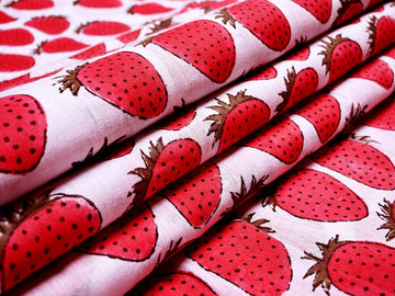 Fruity Fun Red Strawberry Print Cotton Fabric | Indo Libas