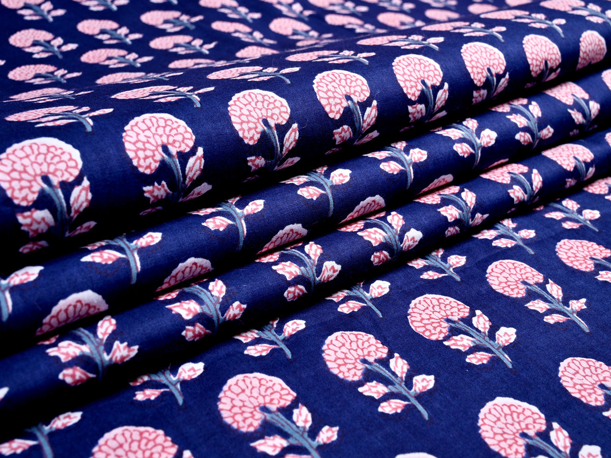 screen print ~ cotton fabric blue base with pinkish flower – Indo Libas
